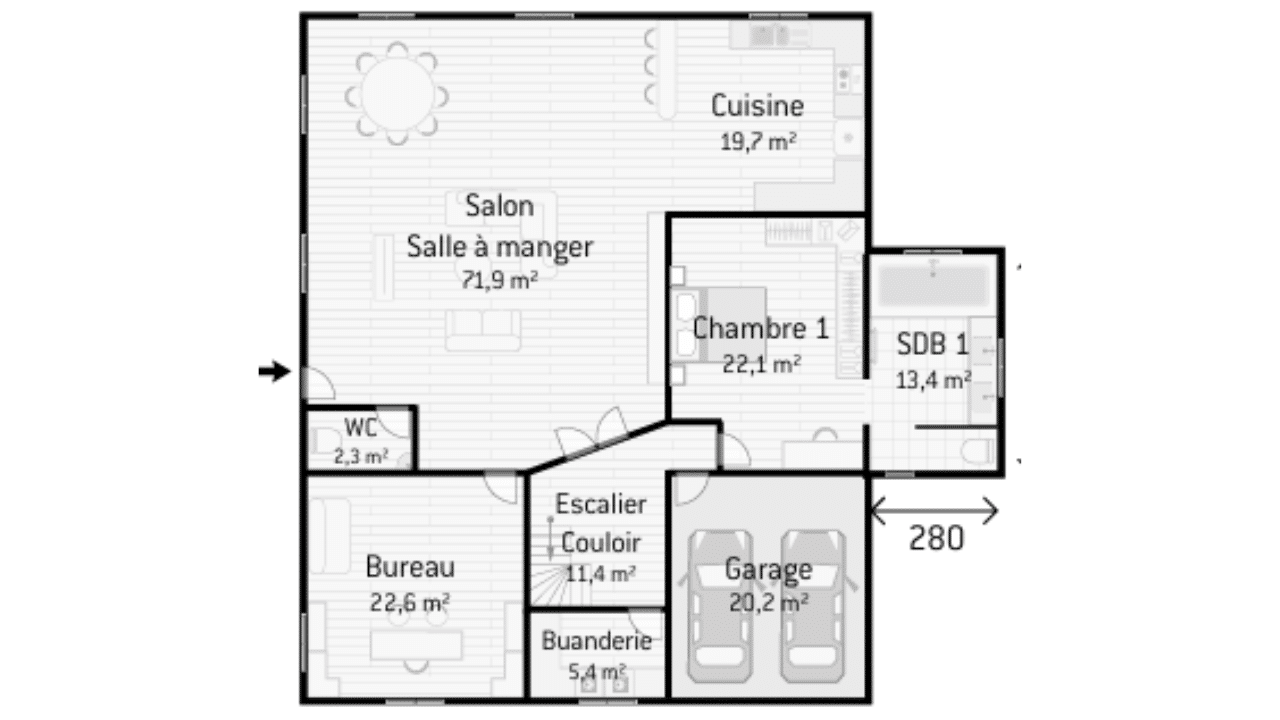 Plan de maison 300m2, avec étage et vide sur séjour.